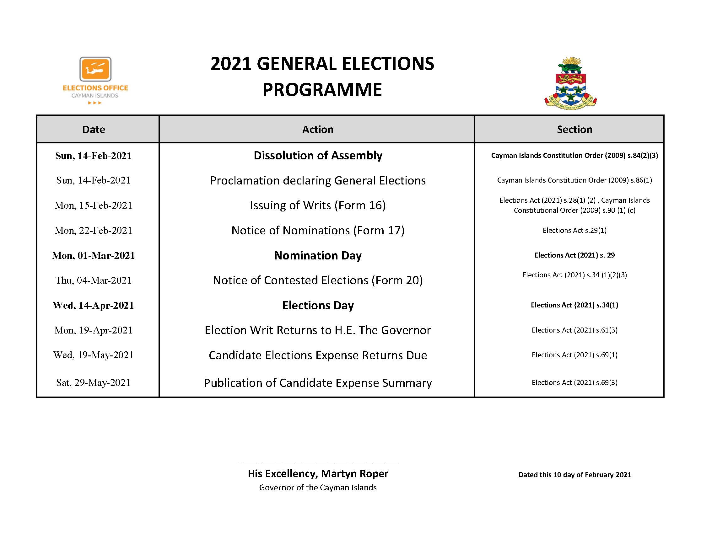 Schedule of dates for general election - Cayman Compass