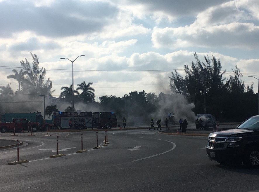 Truck on fire at Grand Harbour roundabout - Cayman Compass