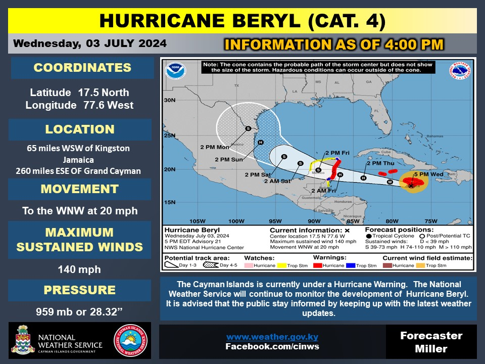 Beryl path at 4pm 3 July - Cayman Compass