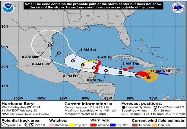 Path of Hurricane Beryl 10am 3 July - Cayman Compass