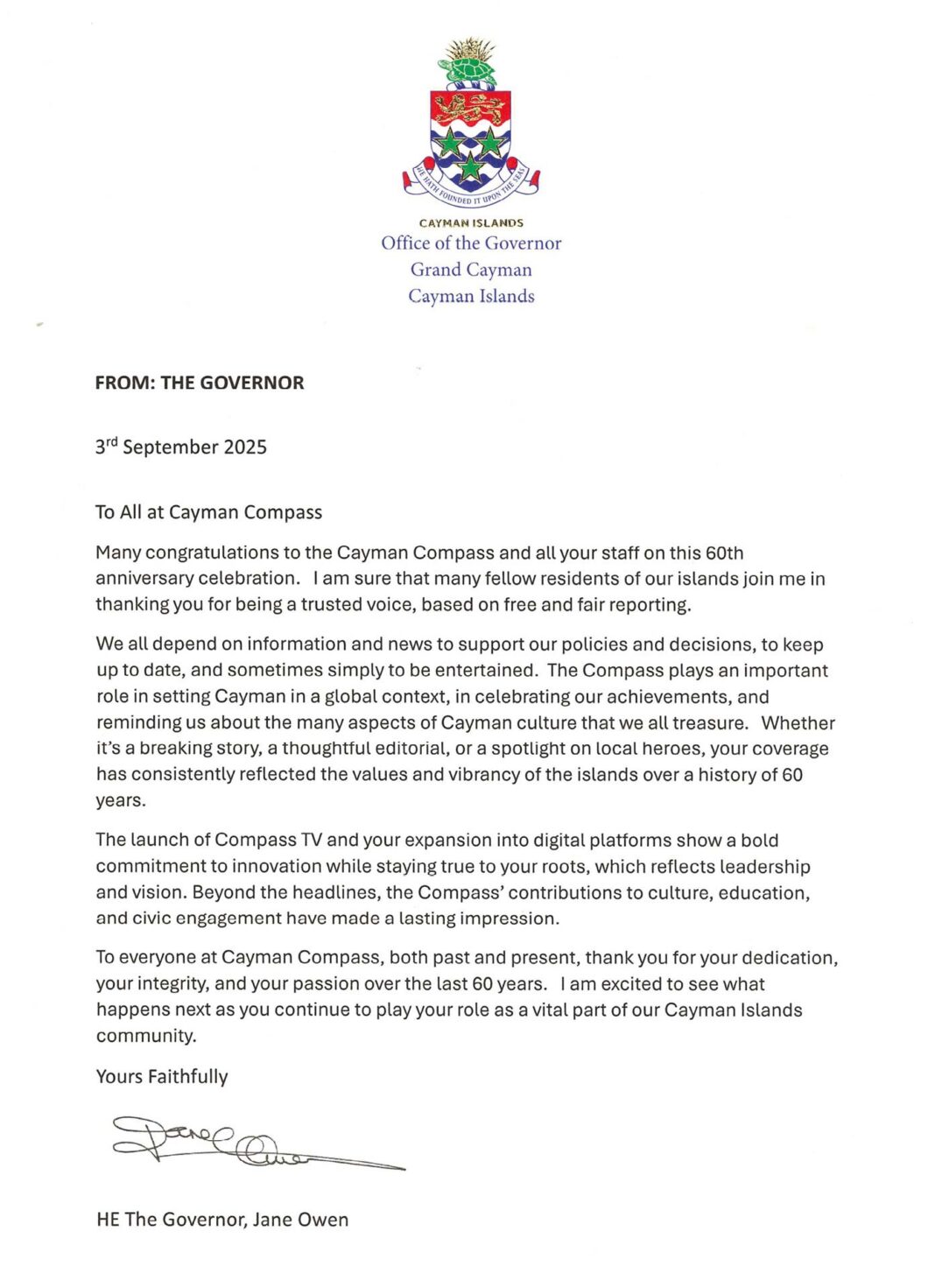 Governor's letter - Cayman Compass